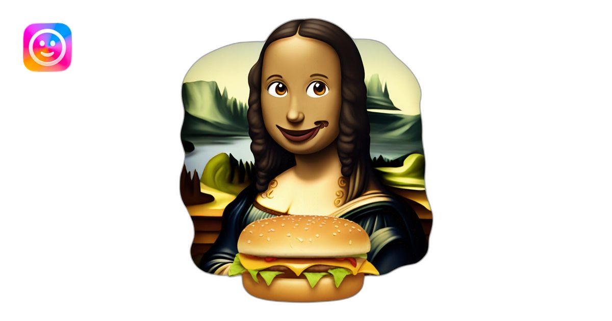 The Mona Lisa eating a burger emoji | AI Emoji Generator
