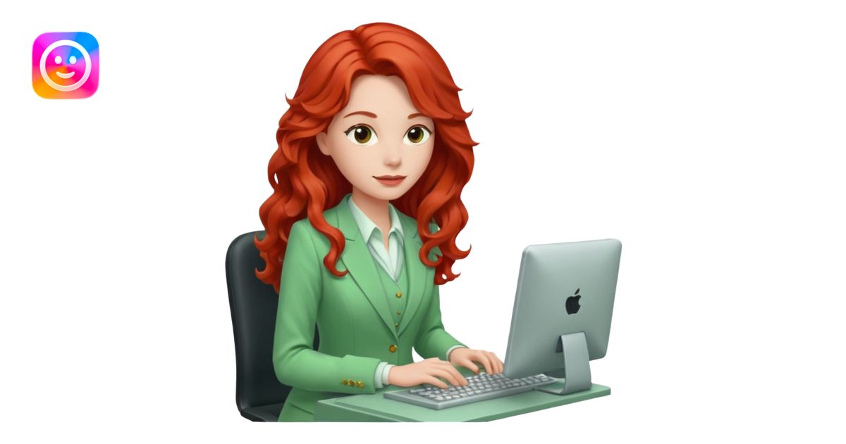 Red long wavy hair lady with a light green suit typing in a computer ...