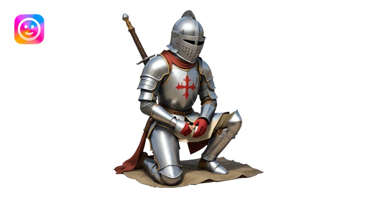 A lone medieval knight in plate, worn armor kneels. His helmet is ...