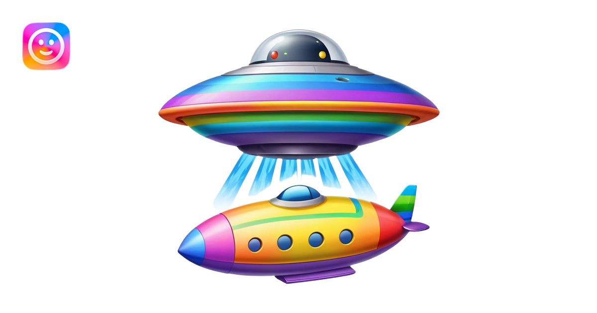 A colorful rainbow crayon character riding on top of a flying saucer ...