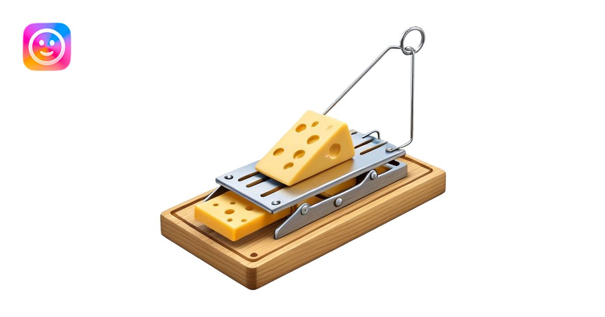 A 3D emoji in iOS emoji aesthetic style of a classic mousetrap with a ...