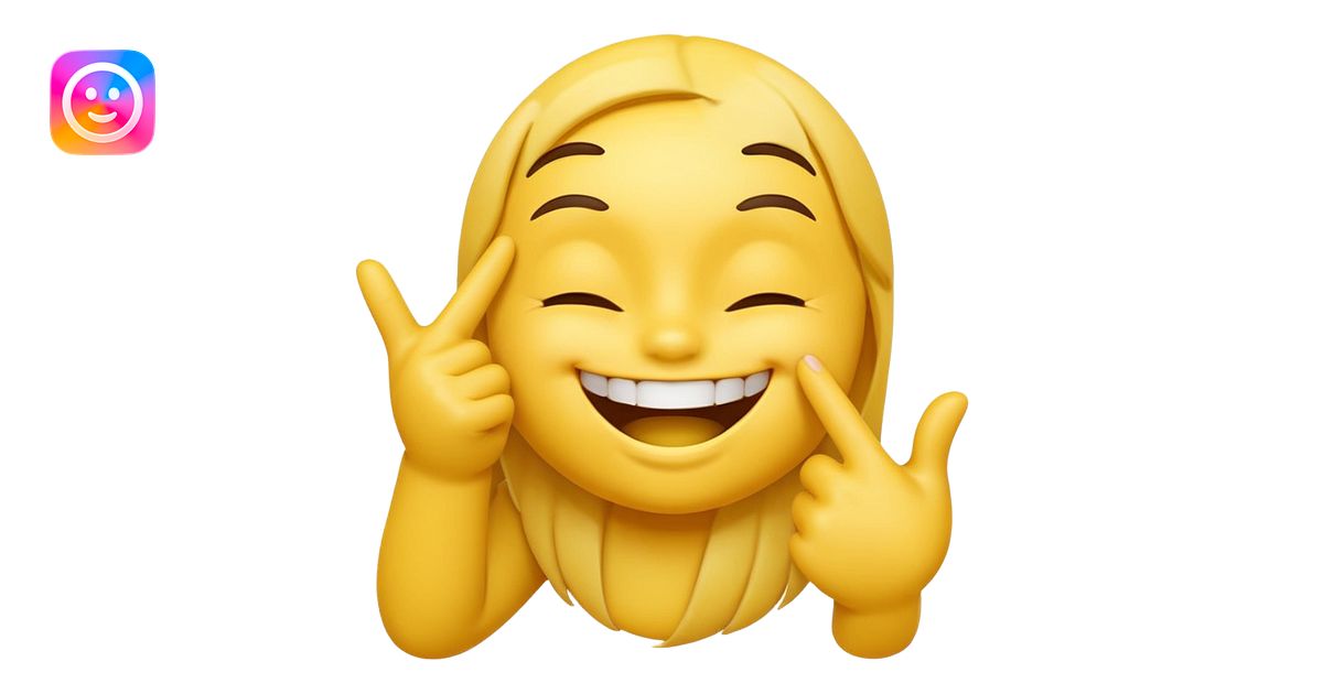 Yellow 3D emoji face, closed smiling eyes, wide toothy grin, one hand ...