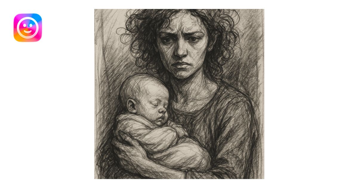 woman with curly red hair holding a baby, hand-drawn sketch style ...