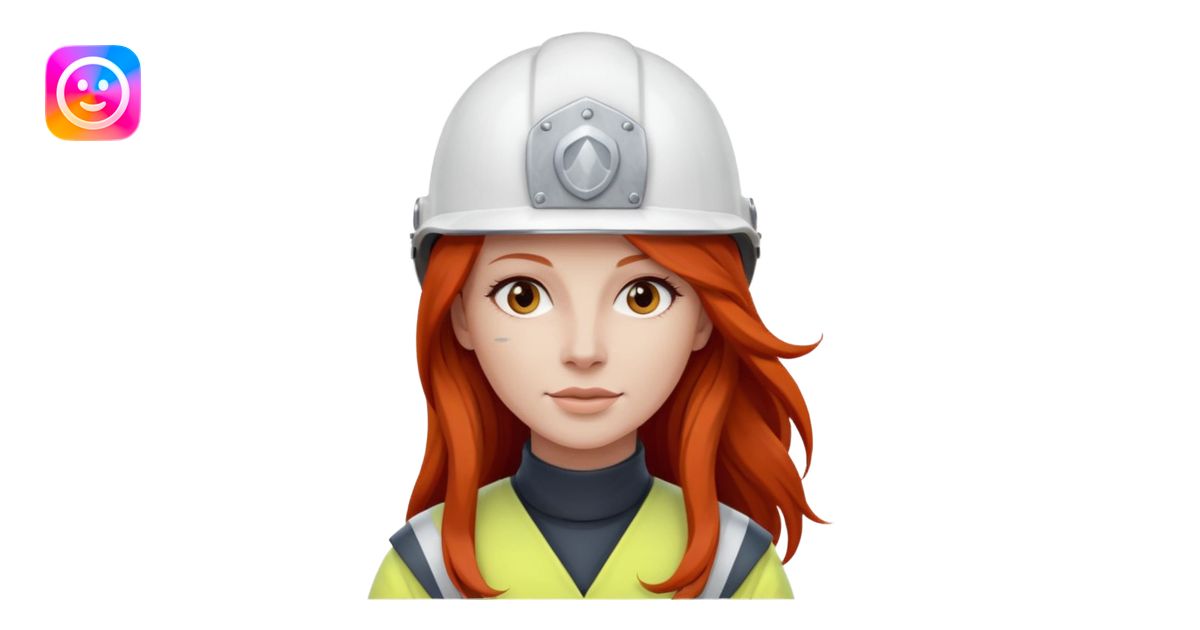 Mujer pelo rojo y largo con casco blanco sin logos emoji | AI Emoji Generator