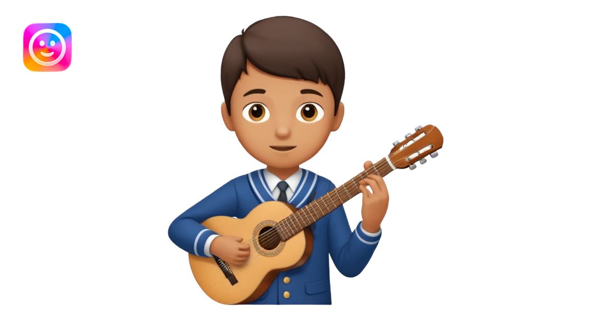 Teen boy – wearing school uniform, holding classical guitar, practicing ...