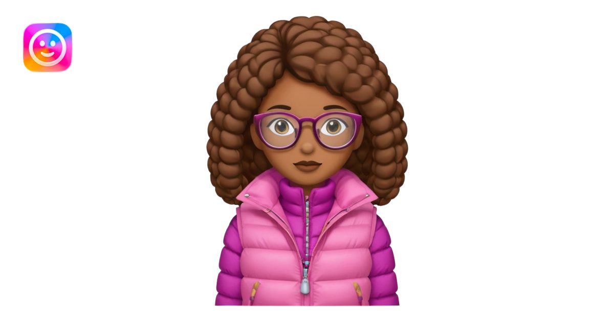 brown skin woman with glasses pink puffer vest emoji | AI Emoji Generator