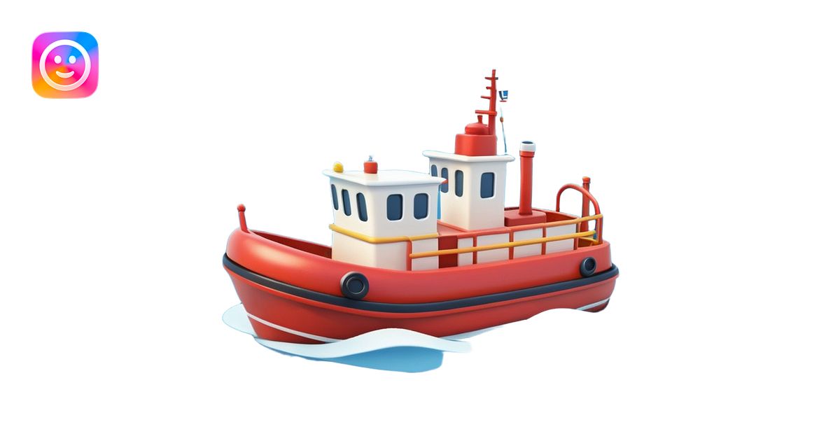 A 3D cartoon tugboat towing another boat on calm blue water, soft waves ...