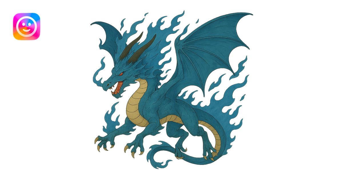 Show this fiery blue dragon with large wings in a dynamic flying pose ...