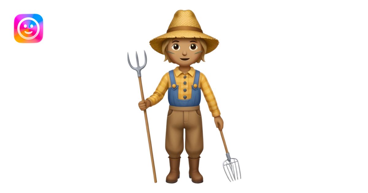 Scarecrow, straw hat, and a rake tucked in one arm, body on stick emoji ...