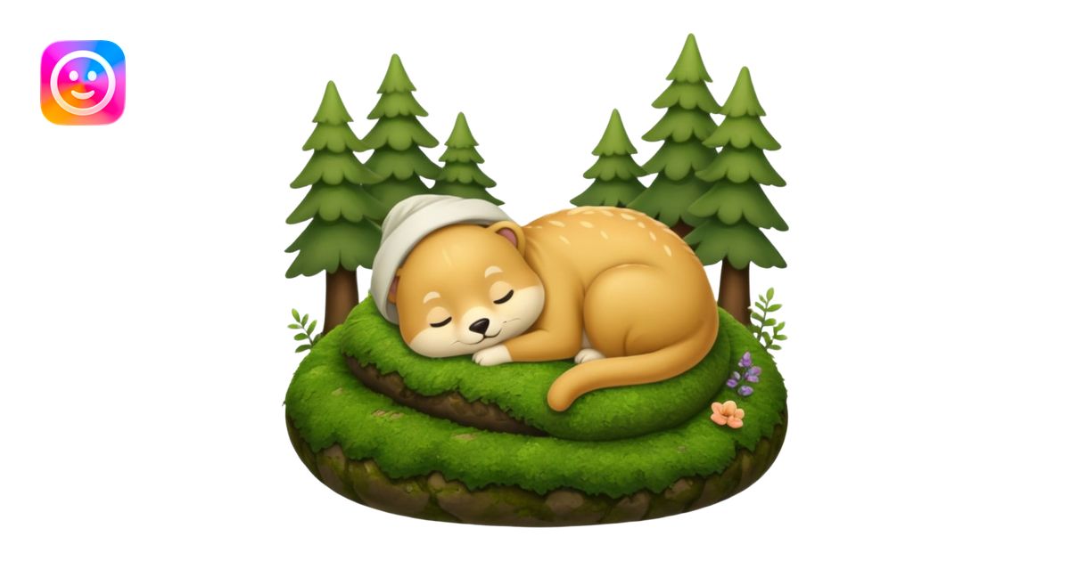 cozy forest character curled up on moss pillow with nightcap emoji | AI ...