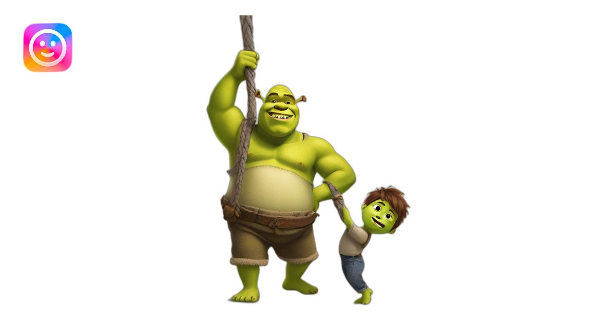 Shrek with a kid who try to climb his body emoji | AI Emoji Generator