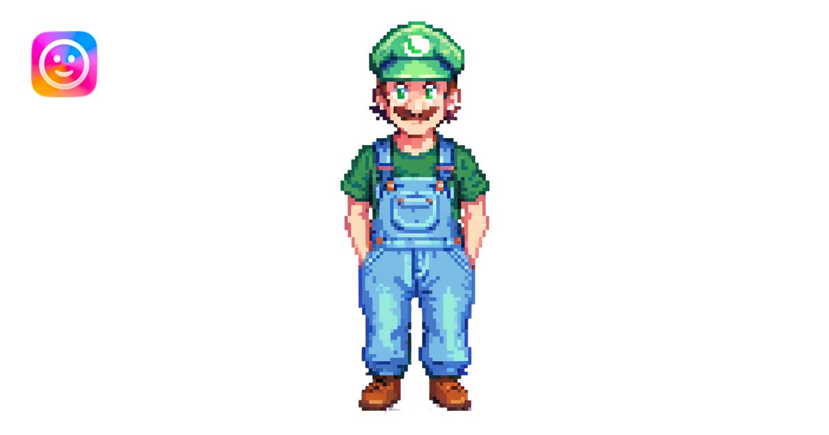 Luigi pixel art style, classic green hat and blue overalls, cheerful ...
