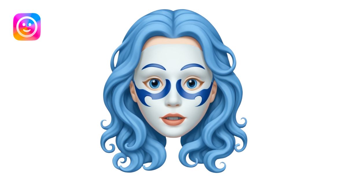 Life like mask of female with long wavy blue hair, empty eyes and mouth ...