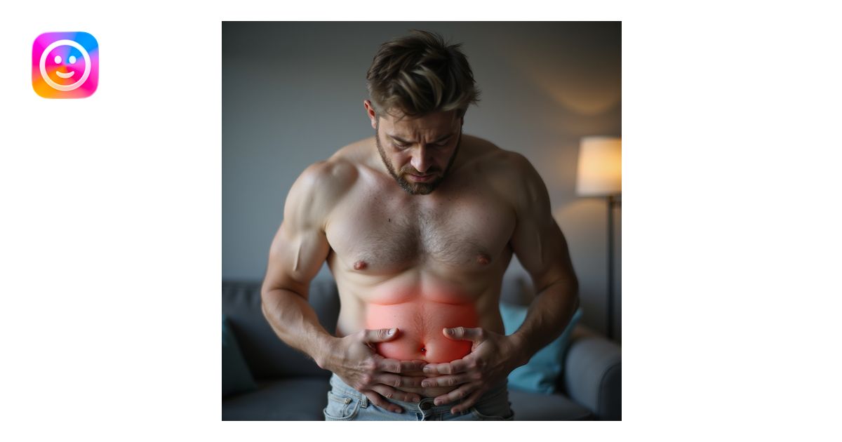 realistic man with abdominal bloating, suffering face, hands on abdomen ...