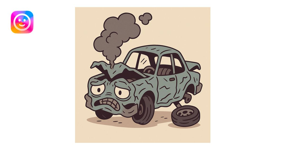 a cartoon-style badly damaged car, exaggerated dents, wheels falling ...