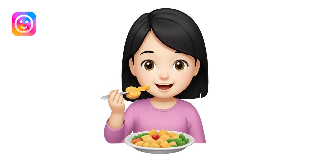 eating food well baby with happy face black hair girl emoji | AI Emoji ...
