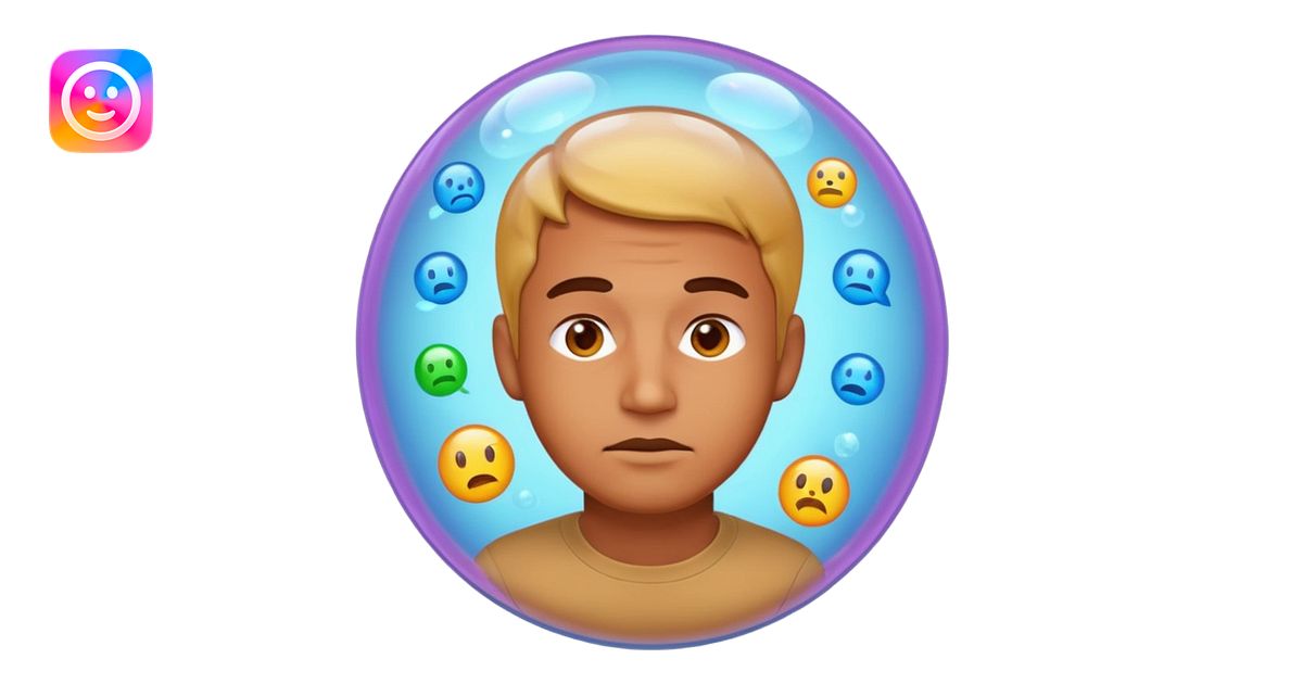Realistic emoji-style man trapped inside a glowing filter bubble. The ...