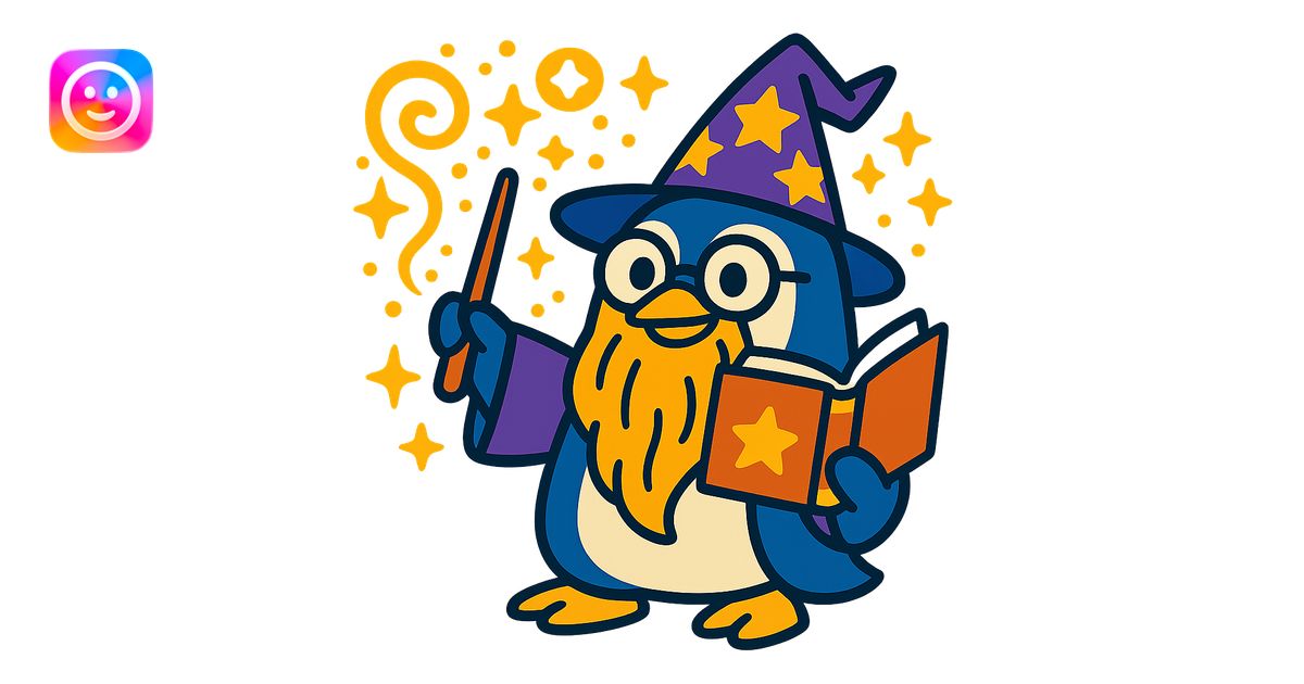 cartoon penguin wizard with glasses, a long beard, and a spellbook ...