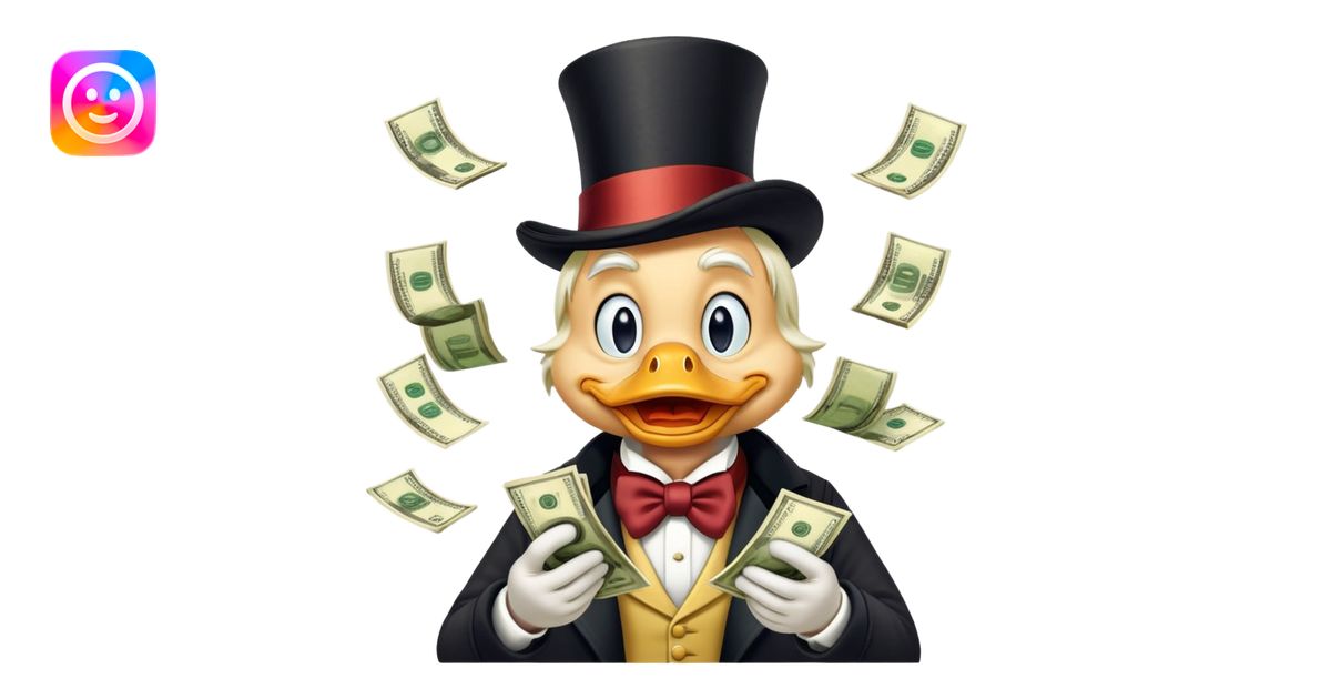 Scrooge McDuck counting money, rich duck character with top hat emoji ...