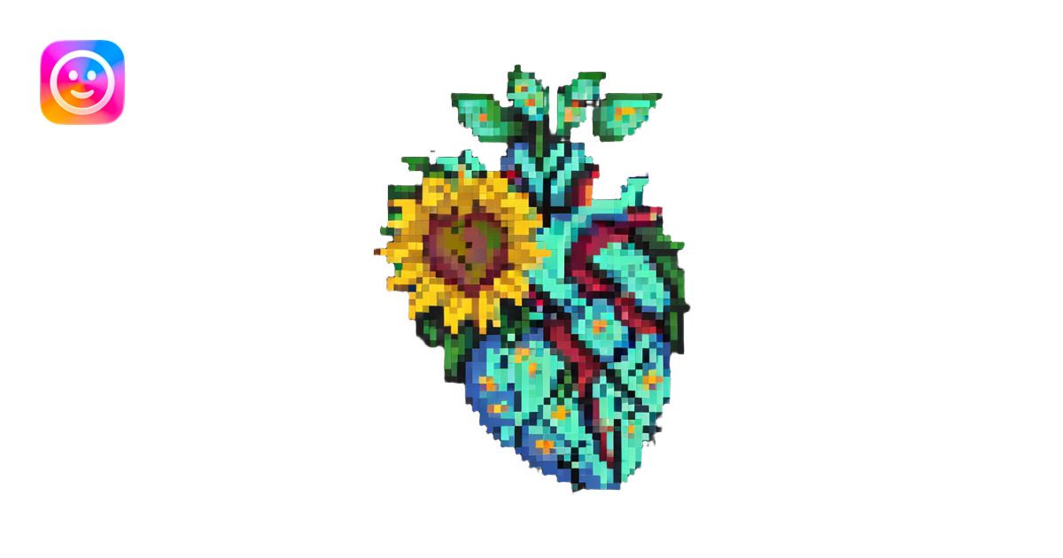 a pixelated human heart with sunflower petals and stem, classic pixel ...
