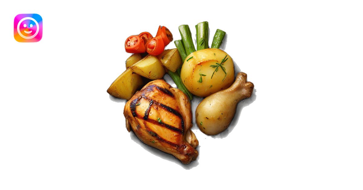 Grilled chicken, with cooked potatoes and grilled vegetables on a plate ...