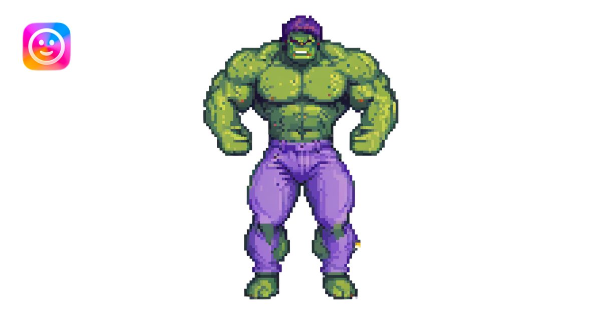 Hulk, green skin, muscular, purple pants, flexing arms, pixel art style ...