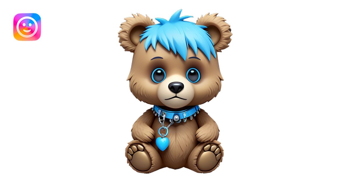 3D, adorable little Pixar style blue neon punk bear with broken toy ...