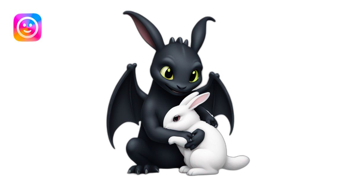 Toothless the dragon hugging a white bunny emoji | AI Emoji Generator