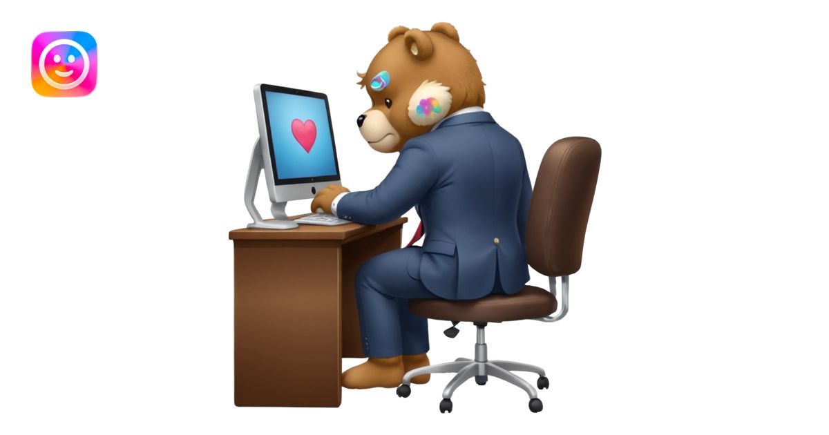 Care bear sad in suit back view, sit on a chair, working on a computer ...