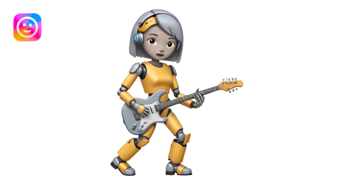 a cyper robot carry her note and electric guitar and try to change the ...