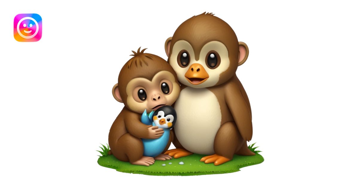 A monkey melting and crying while having a penguin on its head and both ...