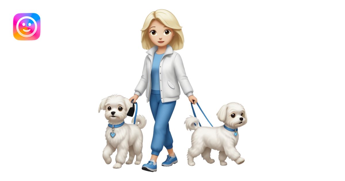 blonde woman wearing white, walking a maltese dog. emoji | AI Emoji ...