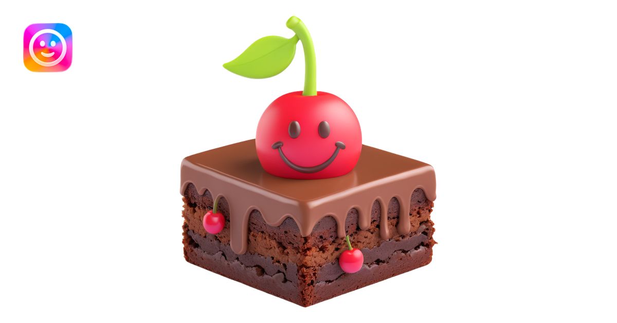3D chocolate brownie with a smiley face, realistic depth, with a cherry ...
