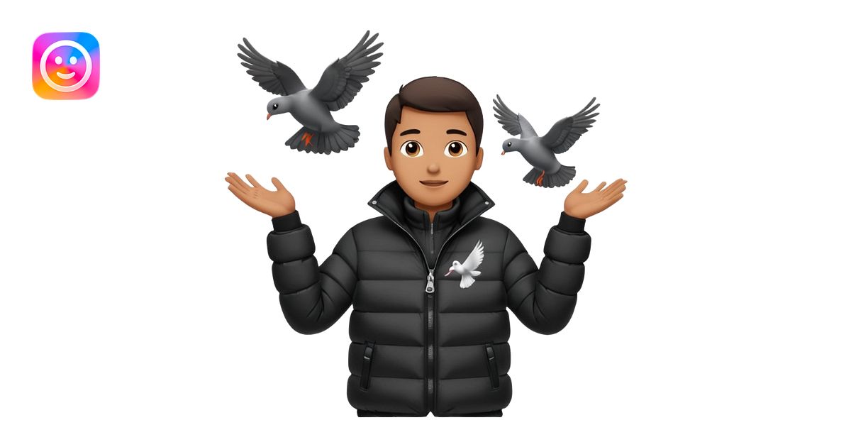 puffer shiny black jacket man open arms looking at a flying pigeon ...