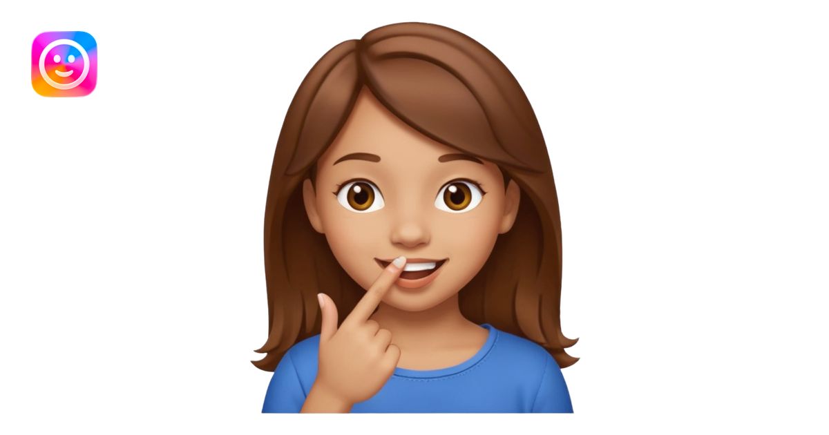Emoji de una chica con el dedo en la esquina de la boca sonriendo de ...