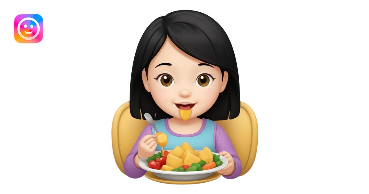 eating food well baby with happy face black hair girl emoji | AI Emoji ...