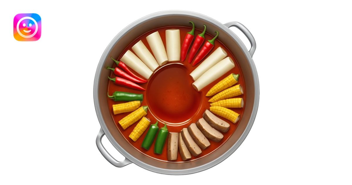 A hot pot emoji in top-down view. The pot is divided into two sections ...