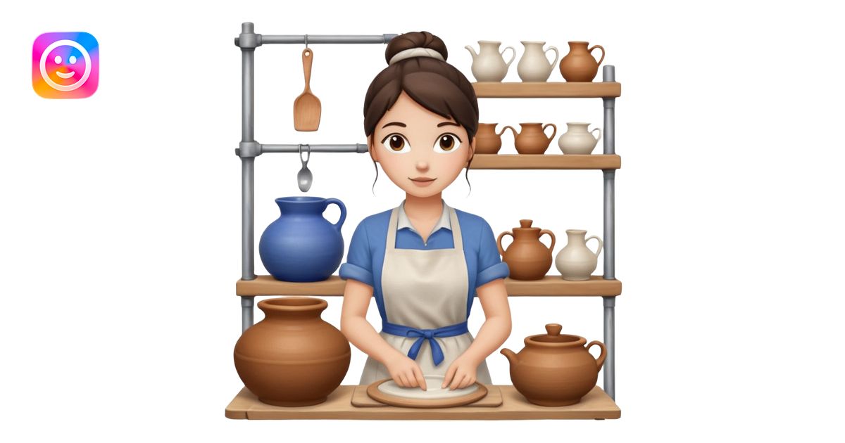 Brunette girl with bun, behind pottery wheel emoji | AI Emoji Generator