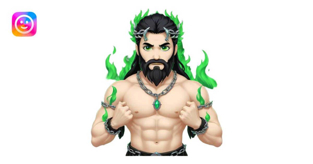 hades greek god with green flames and beard with chains on his arms and ...