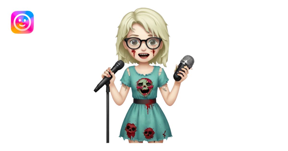 singer, Zombie girl, super happy, wearing dress, singing to mic ...