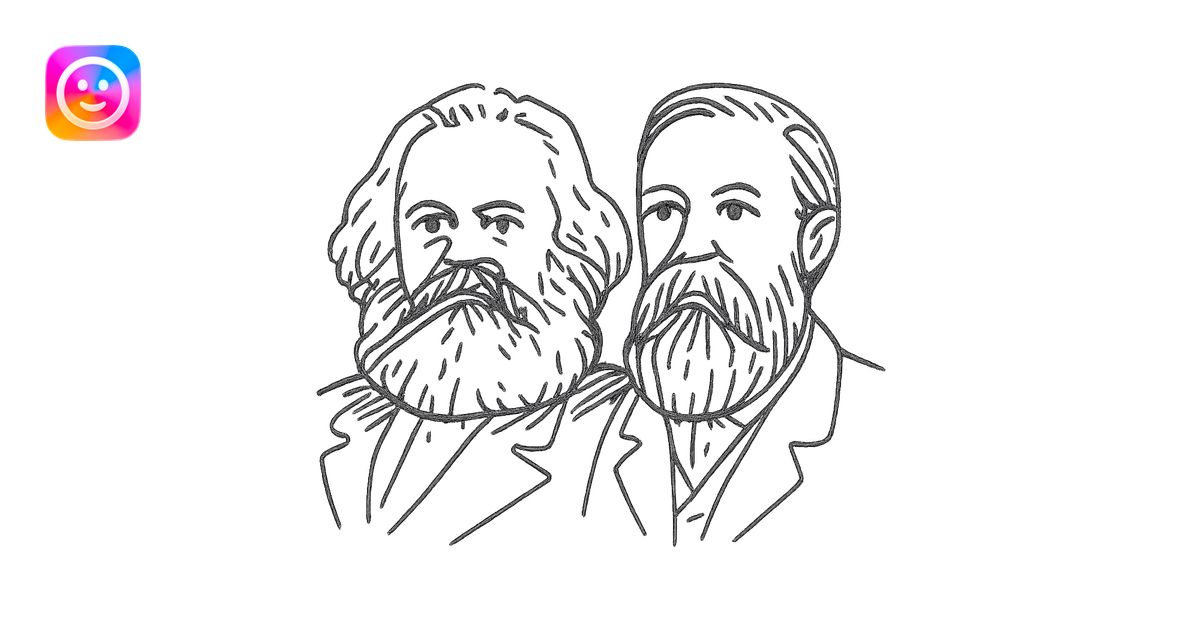 a black outline portrait of Karl Marx and Engels together based on a ...