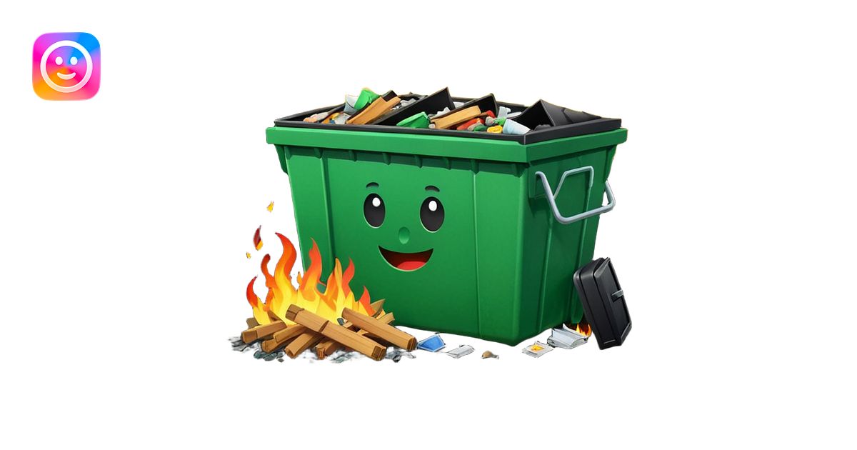 Bright green happy dumpster with an open black lid and a large fire ...
