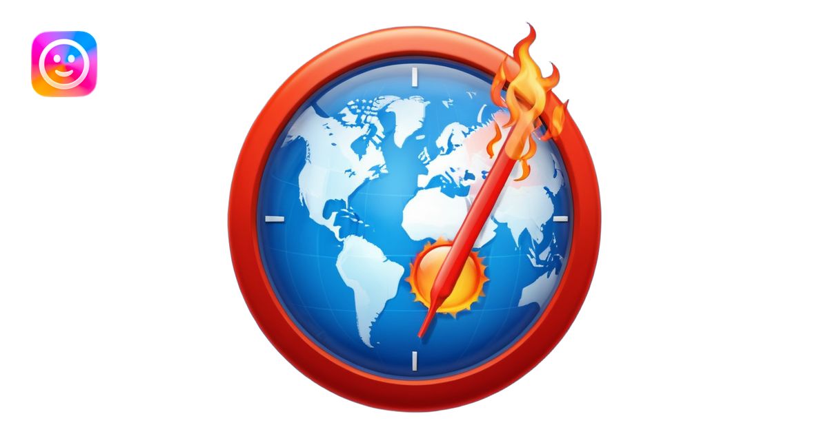 Blue Earth sphere, tilted. Prominent, oversized, fiery red thermometer ...