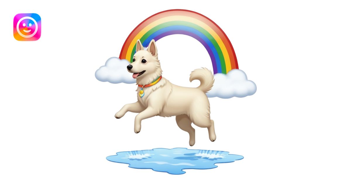 White belgian Shepard jumping over Rain puddles. There is a rainbow in ...