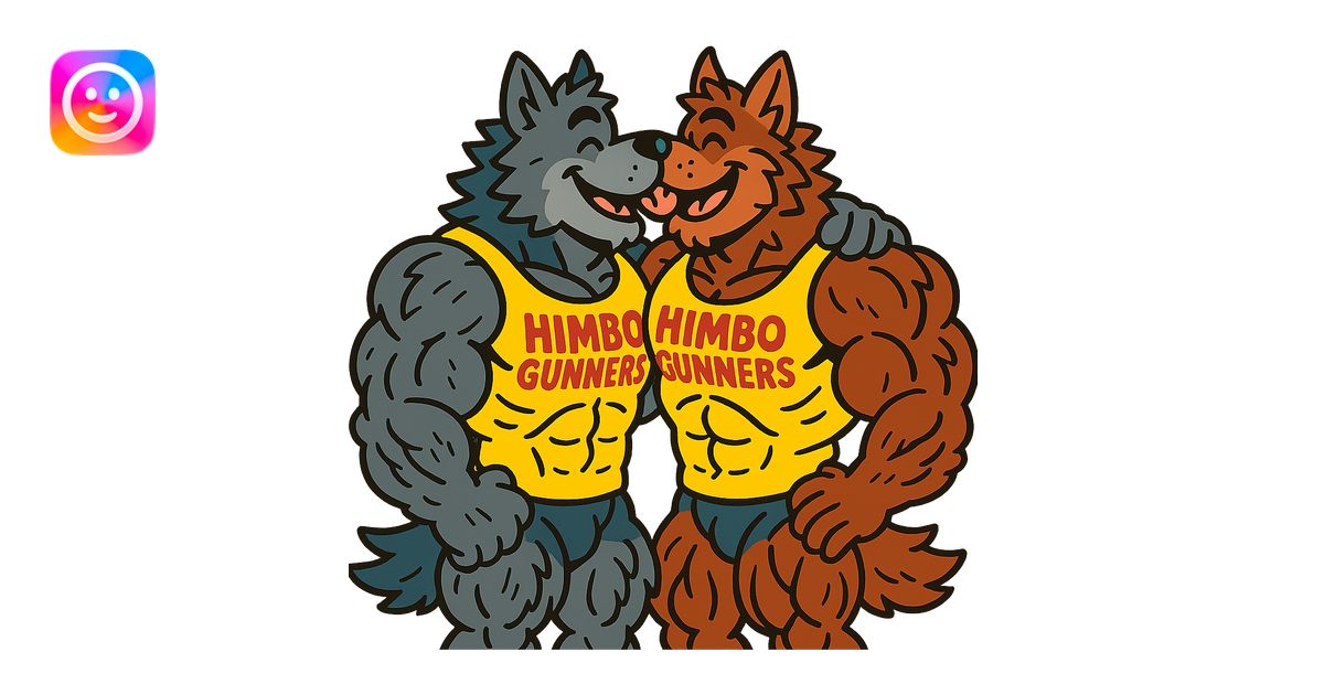 two hyper-muscular wolf furry characters in 'Himbo gunners' t-shirts ...