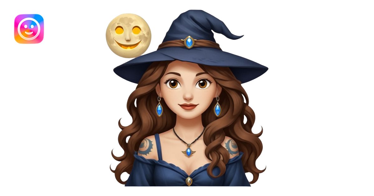 moon witch woman long wavy brown hair tattoos shoulder glance smirk ...