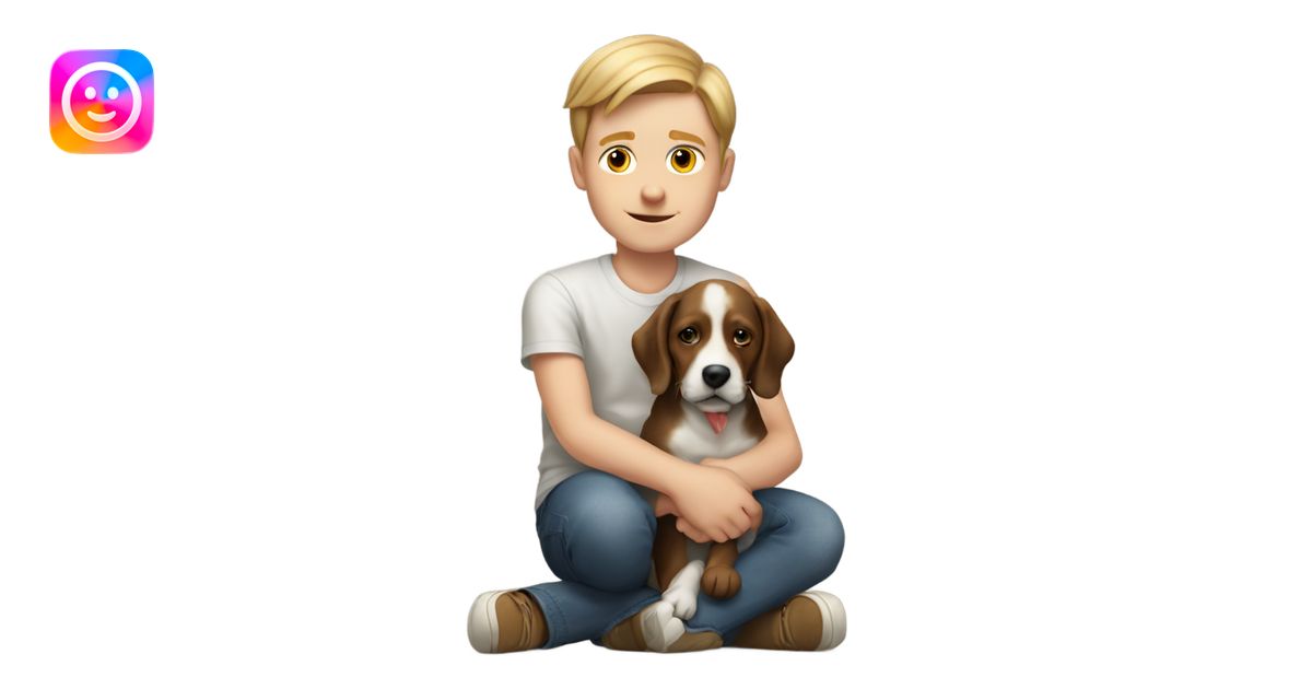 Realistic white boy with a dog on its lap emoji | AI Emoji Generator