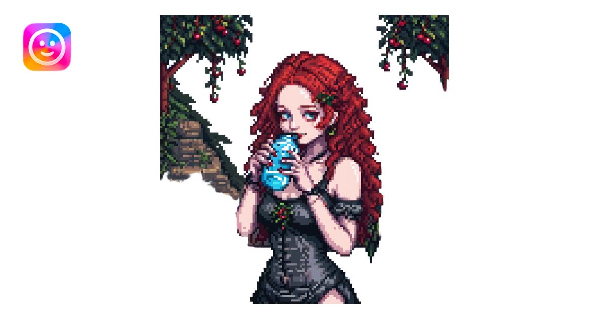 goth girl with red cherry curly hair drinking water, pixel art style ...