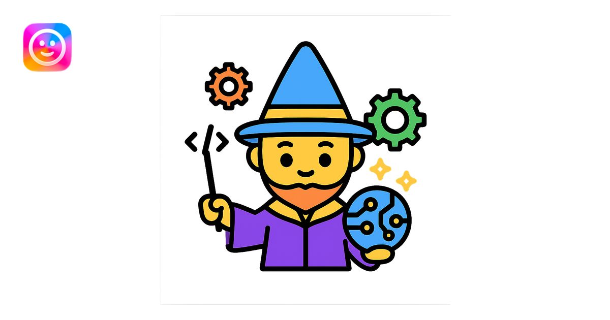 vector cute AI wizard character, surrounded by floating gears, holding ...