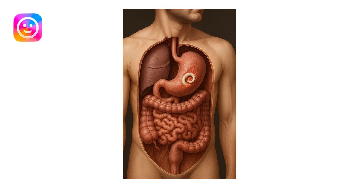 a 3D cutaway view of the human digestive tract, showing an Anisakis ...